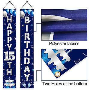 Turypaty Blue Silver 15th Birthday Door Banner Decorations, Happy 15 Birthday Party Porch Sign Supplies for Boys, Sweet 15 Year Old Birthday Party Supplies