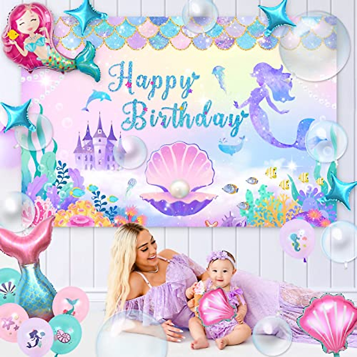 Winrayk Little Mermaid Birthday Party Decorations for Girls Pink Mermaid Balloon Arch Garland Backdrop Tablecloth Mermaid Tail Shell Star Bobo Balloon Princess Ariel Mermaid Party Decorations Supplies