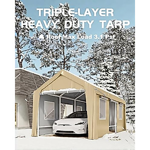 10'x20' Carport Windproof, Anti-High Wind Portable Garage, Reinforced Frames & 180 g PE Carport Canopy, with Front & Rear Doors, Shelter for Pickup, Boat, and Equipment, Khaki