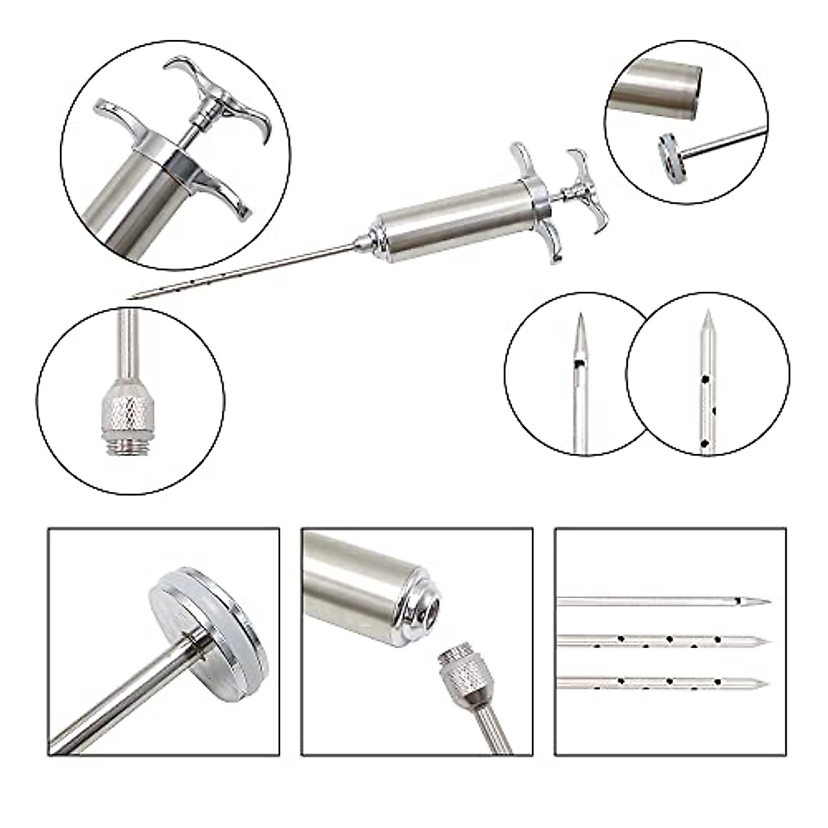 Meat Injector Syringe,Stainless Steel Injector Gun Kit with Case,2-Oz Marinade for Smoking,With 3 Professional Needles 2 Cleaning Brushes And 4 Silicone O-Rings,1Cleaning Silicone Brush (silver)