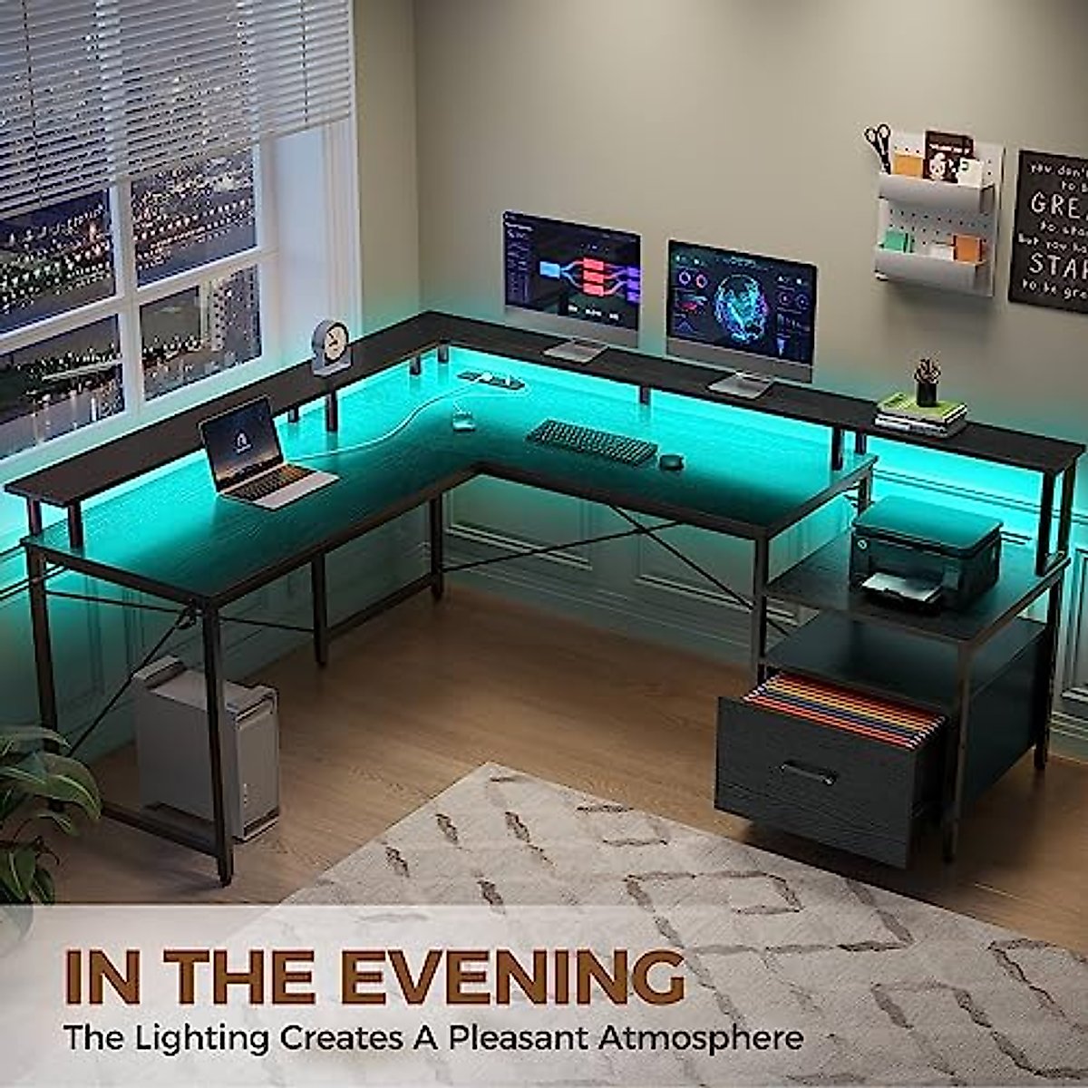 Rolanstar Computer Desk with File Drawer, 68" L Shaped Desk with Power Outlet & LED Strip, L Shaped Computer Corner Desk with File Cabinet, Gaming Desk with Monitor Shelf, Home Office Desk, Black