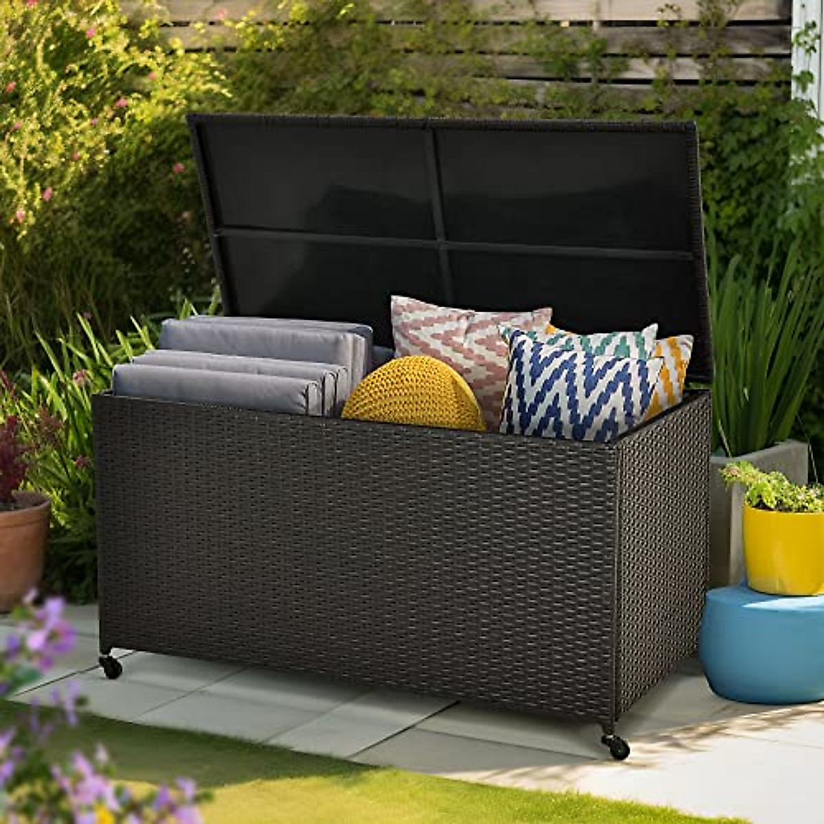 YITAHOME 120 Gallon Large Deck Box with Wheels, Woven Rattan Wicker Outdoor Storage Box, Waterproof Storage Container, Outdoor Cushions Storage-Pool Storage Bin - Brown