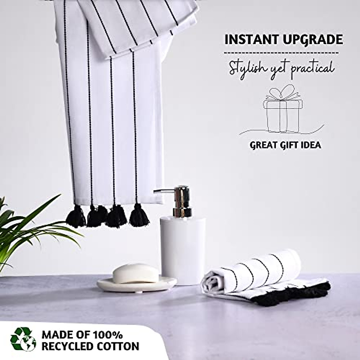 Folkulture Hand Towels for Bathroom, Set of 2 Boho Hand Towel for Bathroom, 100% Cotton Hanging and Decorative Towels for Bathroom with Tassels, 16" x 30" Inches (Hamilton Black and White)