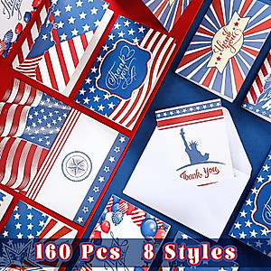 Ctosree 160 Sets Patriotic Thank You Cards with Envelopes Include 160 Pcs Bulk American Flag Notecards with 160 Pcs White Envelopes American Flag Greeting Cards for Veterans Memorial Independence Day