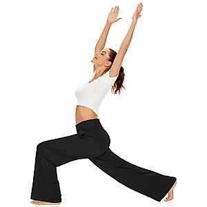 UEU Womens Smocked Ruffle High Waisted Wide Leg Pants Casual Loose Yoga Sweatpants Lounge Pajamas with Pockets Black