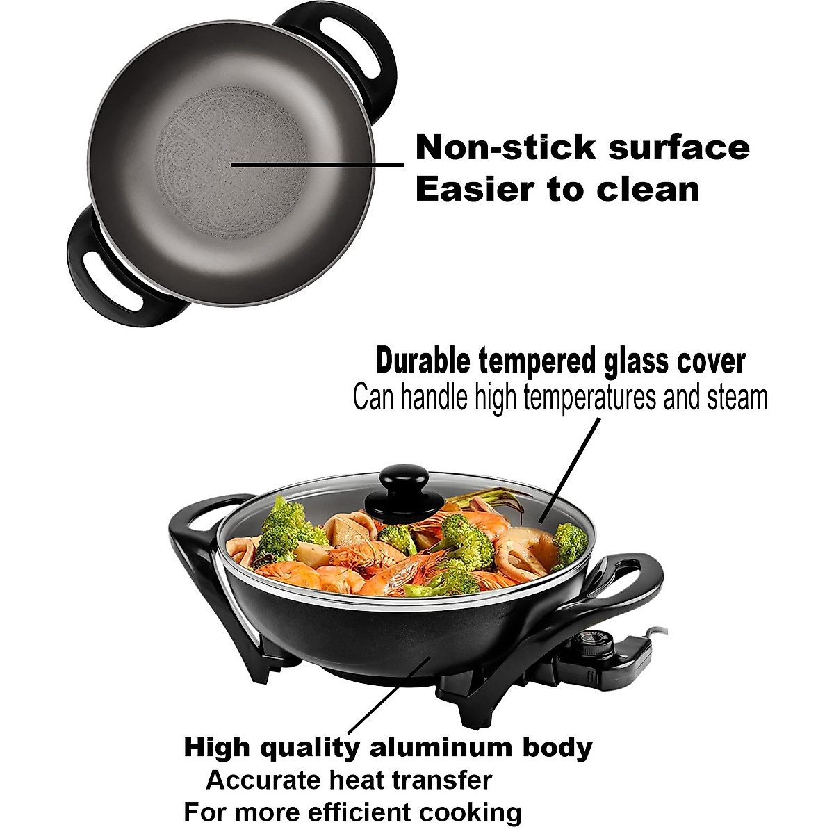 Electric Wok With Lid Nonstick - Electric Skillet Serves For 6 People, Portable Countertop Cooking Wok, 5-Dial Temperature Control, 13inch, Black