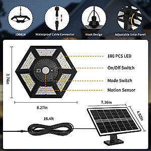 Yomisga Solar Powered Shed Light Daytime Available Solar Pendant Lights Outdoor with Remote Control, Timer, Motion Sensor & 5 Lighting Modes, 180 LED Solar Indoor Lights for Home, Shop, Garage, Barn…
