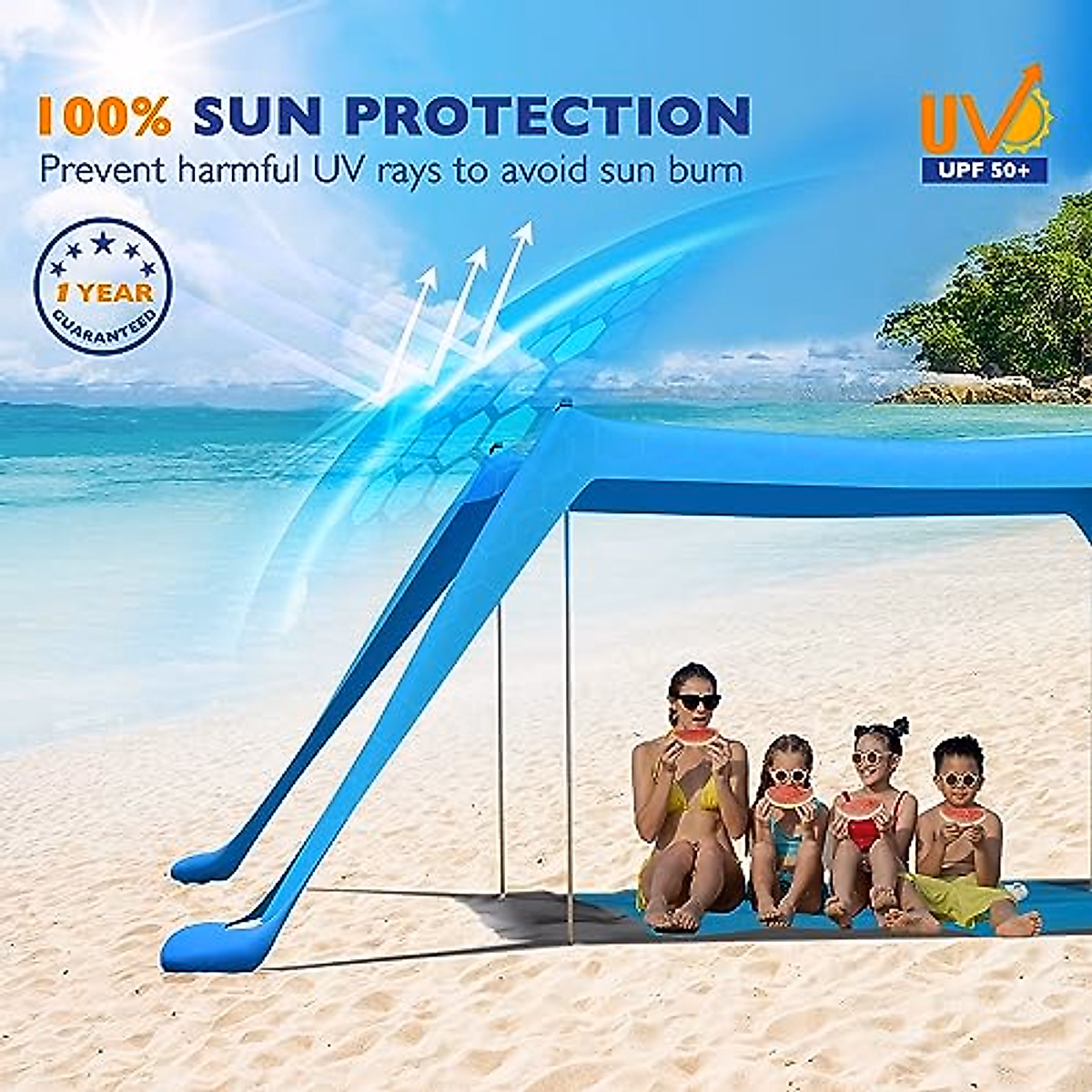 COPFERY Beach Tent Sun Shelter for Family 10x10 FT UPF50+ Windproof Beach Canopy with Mat, Sand Shovel, Ground Pegs and Stability 4 Aluminum Poles, Portable Sun Shelter for Beach, Backyard or Picnics