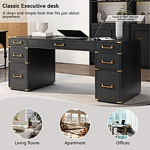 Bellemave 70" Executive Home Office Desk with with File Drawer & Power Outlet, Wooden Writing Desk with Metal Edge Trim, Desk with Hidden Compartment for Living Room, Home Office, Study Room, Black
