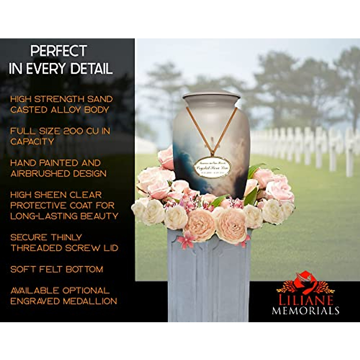 Funeral Cremation Urn - Cross in Sky Cremation Urn for Human Ashes - Hand Made in Aluminum - Suitable for Cemetery Burial or Niche - Large Size for Adults up to 200 lbs