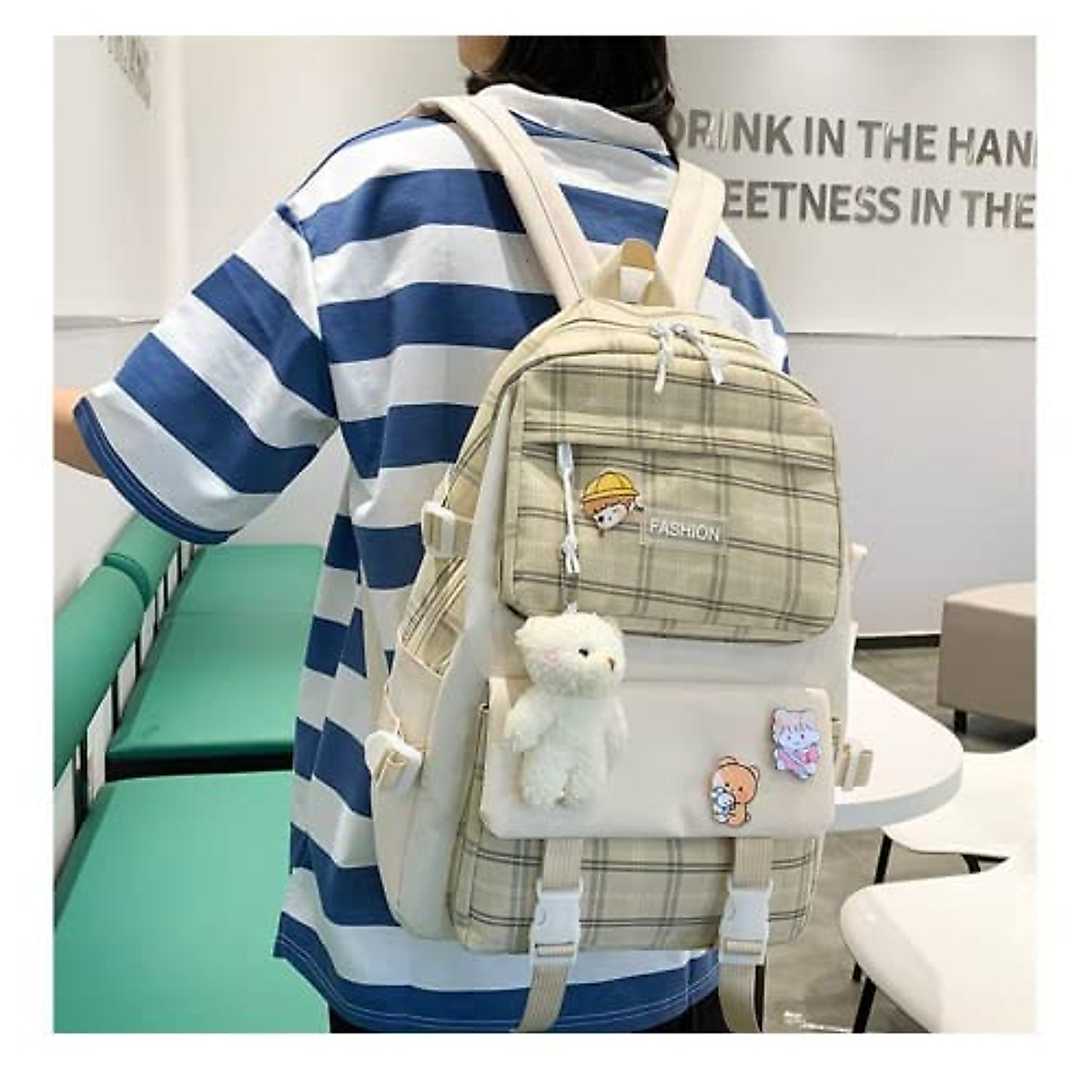 5Pcs Canvas Kawaii Backpack Combo Set with Cute Bear Pendant Pins Plaid Check Handle Shoulder Tote Daypack Bag Kit (Khaki)