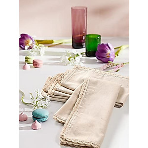 Hausattire Cloth Dinner Napkins in Cotton Flax Fabric with Lace & Tailored Mitered Corners - 20x20 Inches (Set of 12, Natural)