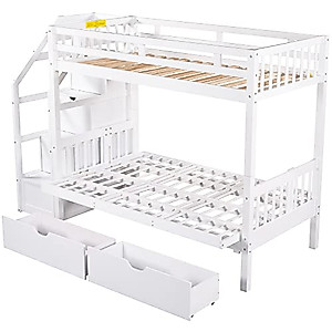 Harper & Bright Designs Twin Over Full Bunk Beds with Storage Stairs, Wood Detachable Bunk Beds with 2 Storage Drawers,and The Down Bed can be Converted into Daybed, White