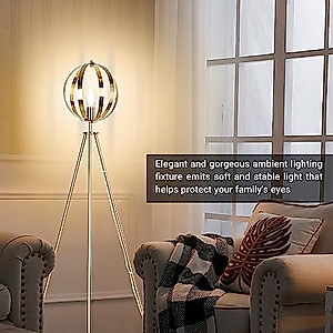 JUNNAI Gold Tripod Floor Lamp: Elegant Tall Lamp with Brass Rotating Cage Shade & E26 Lamp Base | Modern Standing Lamp for Living Room, Bedroom, Office