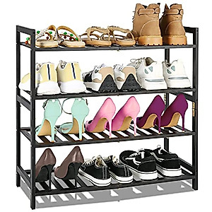 Shoe Rack, 4-Tier Wooden Shoe Rack for Entryway Closet, Stackable Free Standing Shoe Shelf for Slippers/Sneaker/Boots, Storage Organizer Shoe Stand for Hallway Bedroom Small Space (Wood)