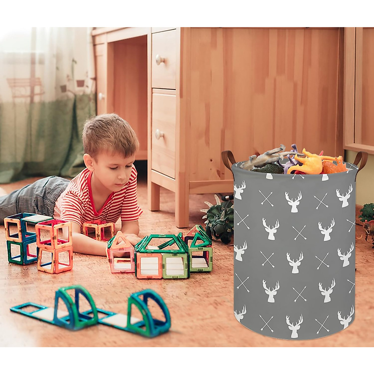 HIYAGON Large Storage Baskets,Waterproof Laundry Baskets,Collapsible Canvas Basket for Storage Bin for Kids Room,Toy Organizer,Home Decor,Baby Hamper(Grey deer)