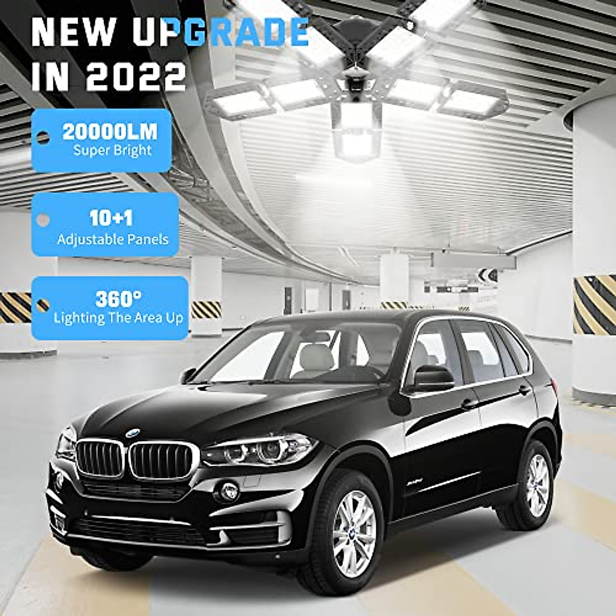 AKIRES LED Garage Light,20000LM 6500K Screw in Light Bulb with 10+1 Adjustable Panels,Deformable Garage Lights Ceiling LED Garage Light for Basement Workshop Attic Barn(4-Pack)