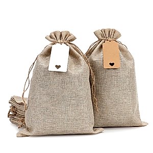 Tapleap Burlap Bags with Drawstring, 8x12 inches (Lot of 10) Favor Sacks with String and Tags for Wrapping Thanksgiving Day Gifts, Birthday, Wedding, Halloween Party or Household Use(Original)