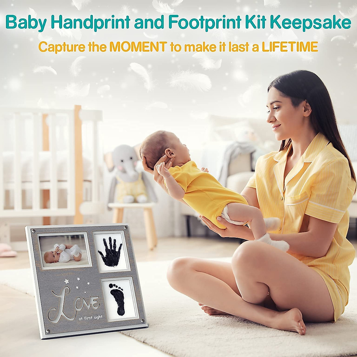 1Dino Premium Baby Handprint and Footprint Kit - 12.6” x 12.2" White/Grey Wood Baby Picture Frame - Includes 2X Clean Touch Ink Pad for Baby Hand and Footprints - Baby Registry, Baby Shower Gifts