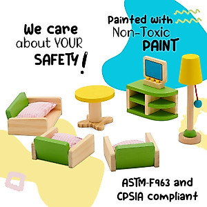 Wooden Dollhouse Furniture Set - 27 Piece Kit - Living Room, Bedroom and Kitchen Accessories, 100% Natural Wood, Nontoxic Paint, Smooth Edges