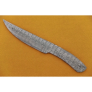 Knife Making, Damascus Steel Blank Blade 11 inches Long Hand Forged Trailing Point Skinning Knife, Hunting Knife with 3 Pin Hole, 6 inches Cutting Edge, 4.5" Scale Space