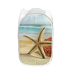 NDISTIN Strong Mesh Pop-Up Laundry Hamper for Kids Teen Beach Starfish Print with Convenient Side Pockets Foldable Laundry Basket for Bedroom, Kids Room, College Dormitory and Travel 85L