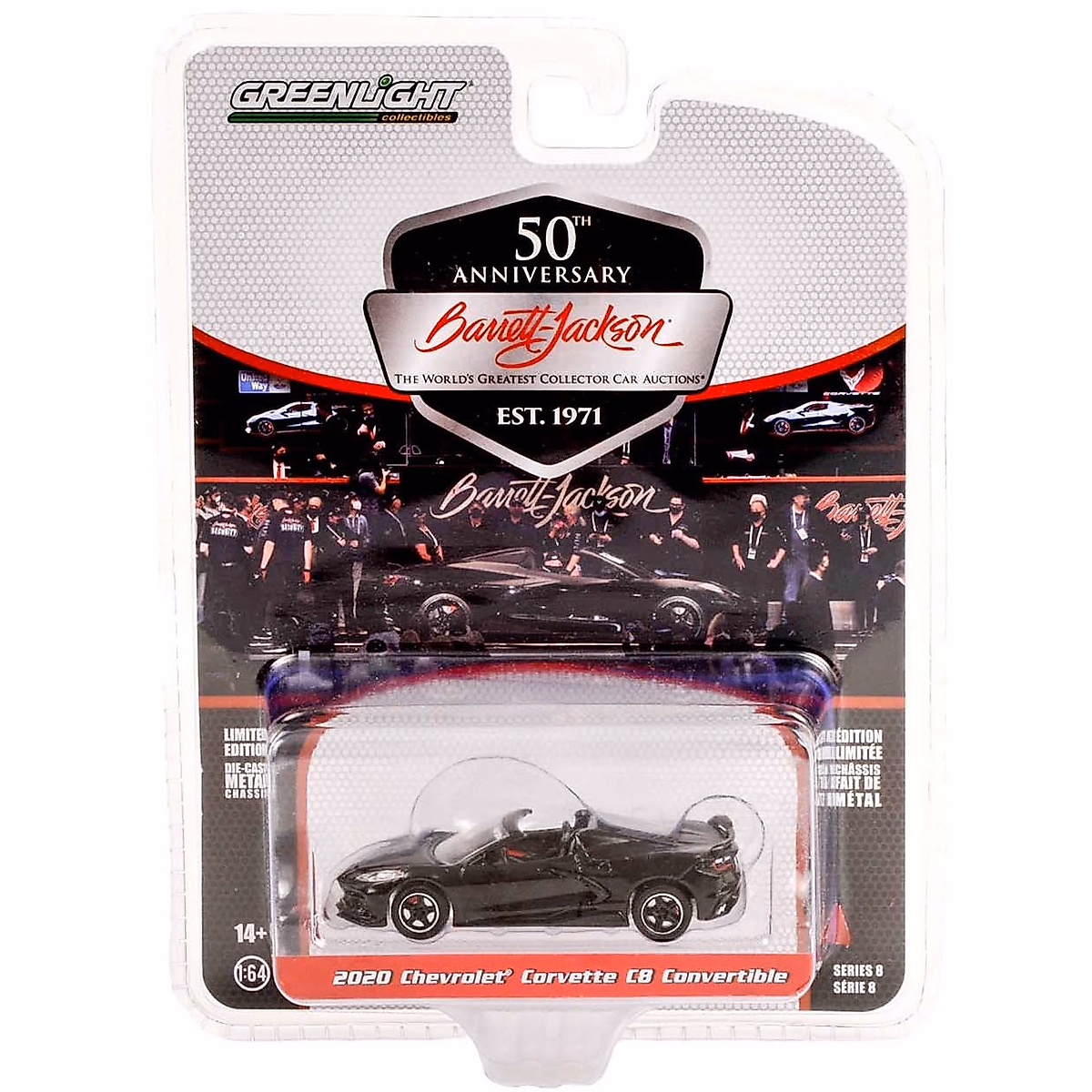 Collectibles Greenlight 37240-D Barrett-Jackson,Series 8 - 2020 Chevy Corvette C8 Convertible (Lot #3003) - Black with Adrenaline Red Interior 1/64 Scale