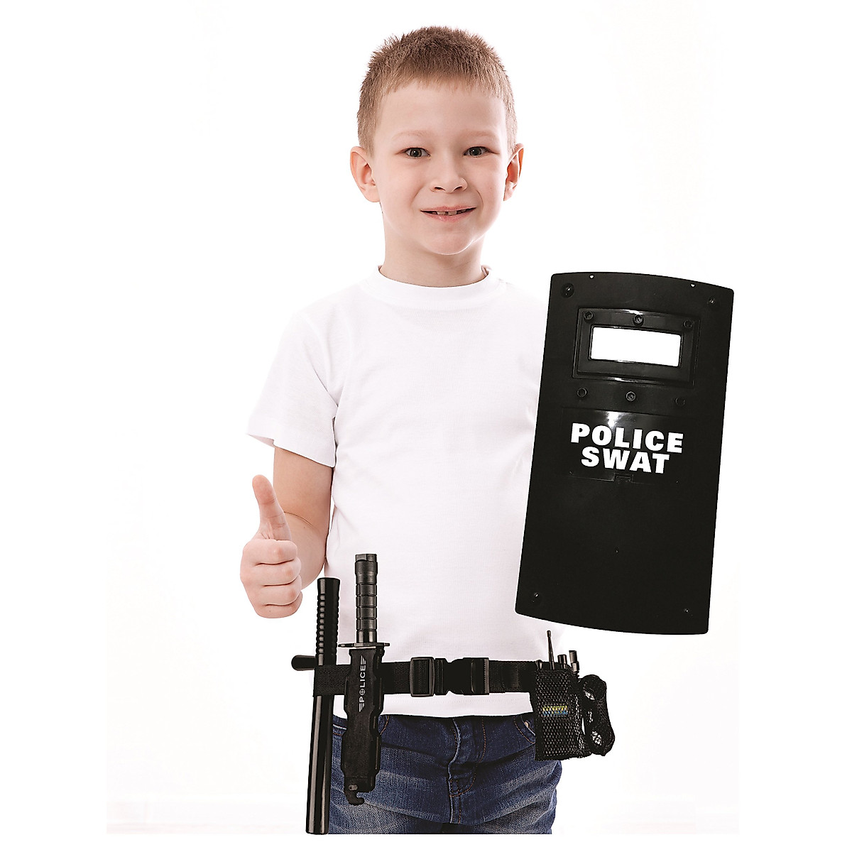Dress Up America Police Officer SWAT Role Play Set for Kids - Police Accessory Set - Police Pretend Play Accessory Set Includes Plastic Baton and Binoculars Shield, Adjustable Belt, Flashlight & More