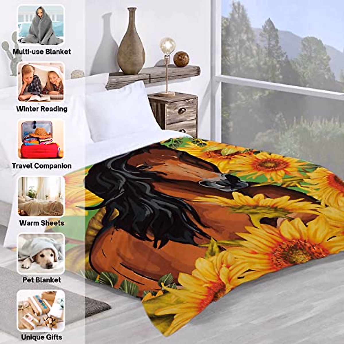 Sunflowers Horse Blanket Plush Horse Throw Blankets for Couch Bed Sofa Decor Horse Flannel Fleece Blanket for Women Men Kids Blankets Birthday Gift, 50''x60''