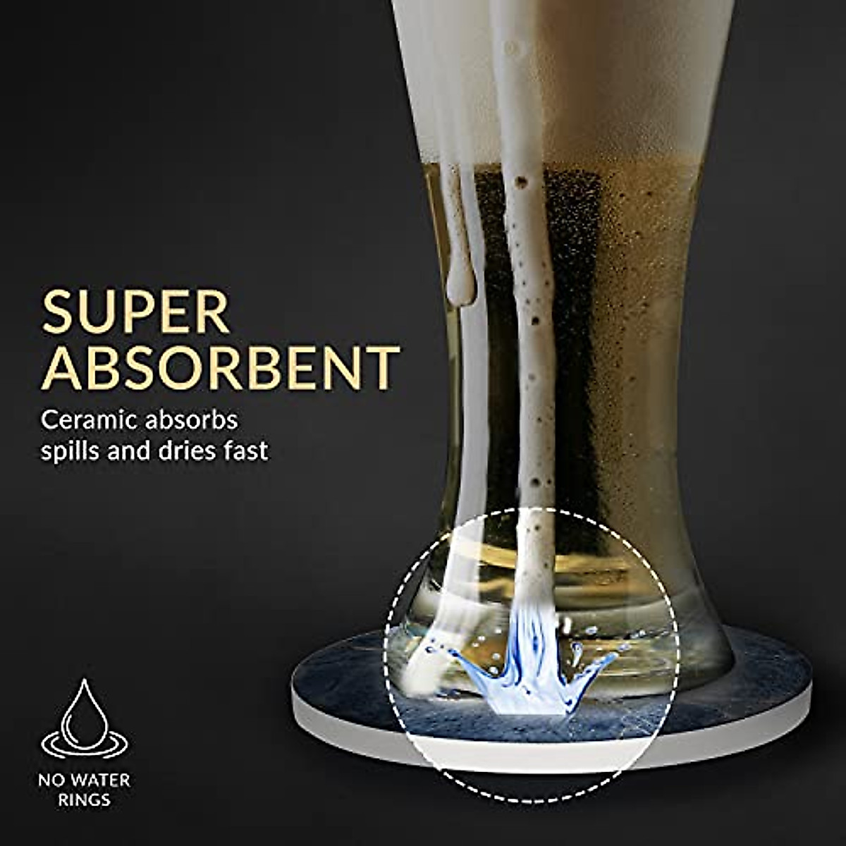 Emerson 100% Ceramic Coasters for Drinks Absorbent – Coffee Table Set of 6 with Holder, Wooden Tabletop Protection Marble Style - 4” Inch Non-Slip & Cork Bottom - Heavy Duty Drink Coasters (Ocean)