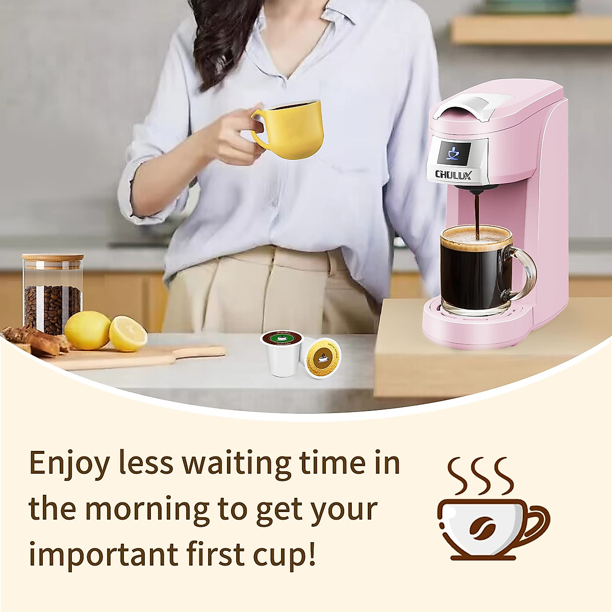 CHULUX Upgrade Single Serve Coffee Maker for K Cup & Ground Coffee, Pink Mini Single Cup Coffee Machine with One Touch Function, Fast Brewing in Minutes