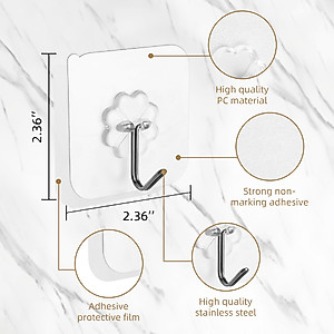 Ninth Five Adhesive Hooks for Hanging Wall Hooks, 22lb Strong Sticky Ceiling Door Hooks, Stainless Steel Transparent Towel Coat Hooks for Home Bathroom Kitchen Outdoor (18)