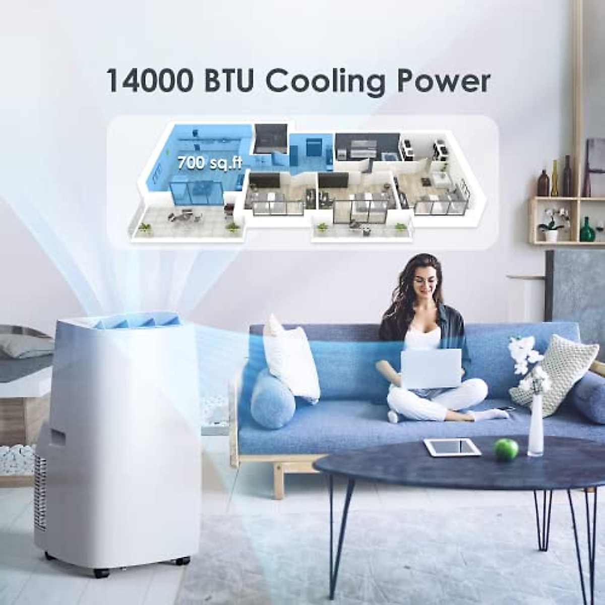 Portable Air Conditioner - Rintuf 2022 14000 BTU Portable AC Unit, Cools Rooms up to 700 Sq.ft, Also as Dehumidifier & Fan, with 24H Timer Remote Control Window Kit Exhaust Hose for Home Living Rooms Bedroom
