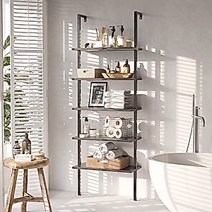 Furmax 5-Shelf Bookcase Wall Mount Bookshelf Modern Ladder Shelves with Wood Board and Industrial Metal Frame, for Home Office, Living Room, Bedroom, Entryway and Hallway (Black)