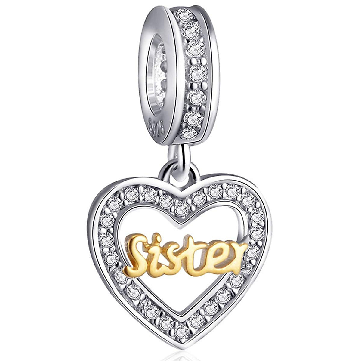 2 Tone Sister Love Heart Charms for Women - 925 Sterling Silver Big/Little Sis Pendant Goddess Beads - fits Pandora Mothers Day Bracelet, Gifts for Birthday/Christmas/Sister in Law