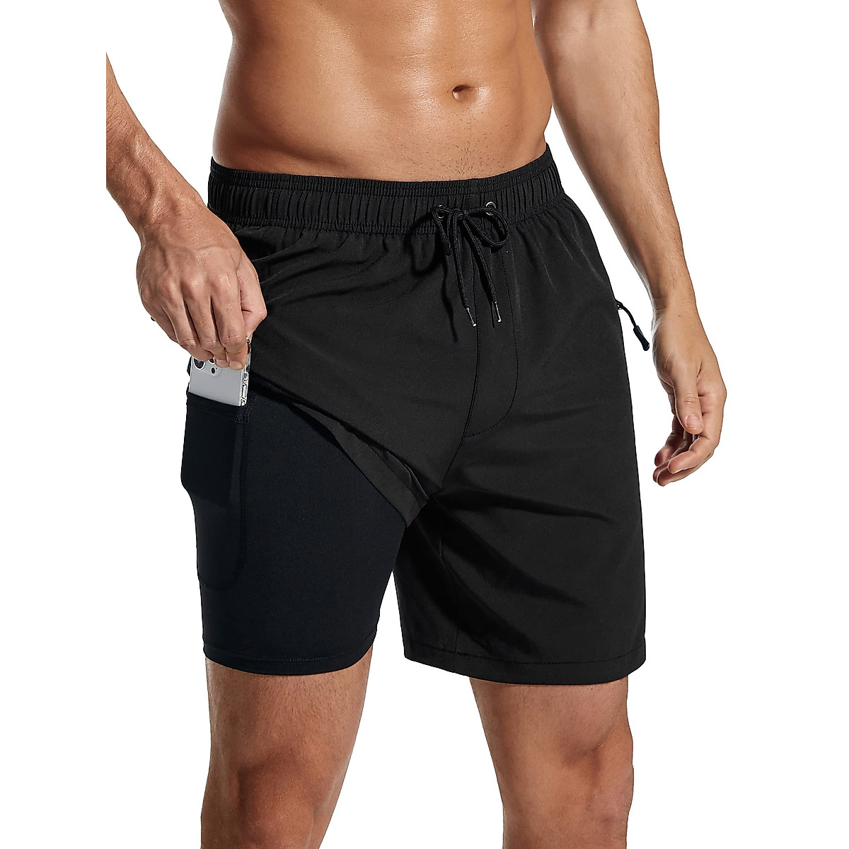SILKWORLD 7 Inch Swim Trunks for Men Swimsuit with Compression Liner Bathing Suit Quick Dry Swim Shorts with Zipper Side Pockets,Black,Large