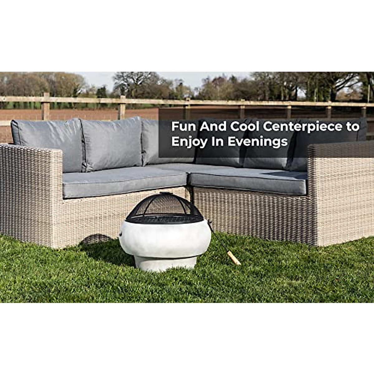 Teamson Home MGO Light Concrete Round Charcoal and Wood Burning Fire Pit for Outdoor Patio Garden Backyard with Spark Screen, Fireplace Poker, Grate, and BBQ Grill, Light Gray