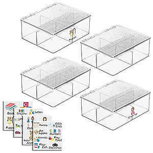 mDesign Plastic Stackable Toy Storage Bin with Hinged Lid, 4 Divided Compartments for Organizing Playroom, Kids' Room - Container for Small Toys, Craft and School Supplies + 24 Labels - 4 Pack - Clear