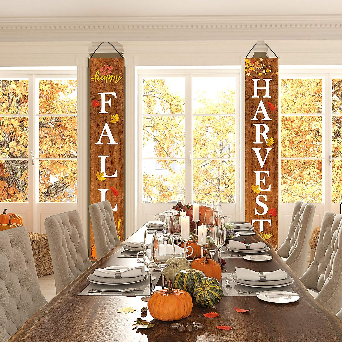 Whaline Fall Harvest Hanging Banner, Fall Porch Sign Autumn Pumpkin Maple Leaf Backdrop Flag for Home Yard Indoor Outdoor Wall Door Thanksgiving Party Decorations, 12 x 72 Inch