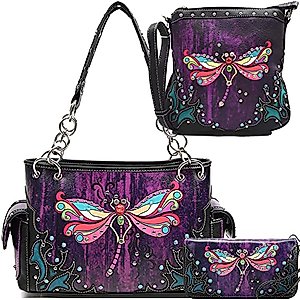 Colorful Dragonfly Western Spring Purse Country Handbag Women Shoulder Bag Crossbody Wallet Set Purple