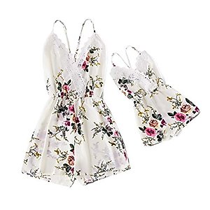 IFFEI Mommy and Me Matching Jumpsuit Outfits Floral Printed V Neck Romper Beachwear White 6-7 Years