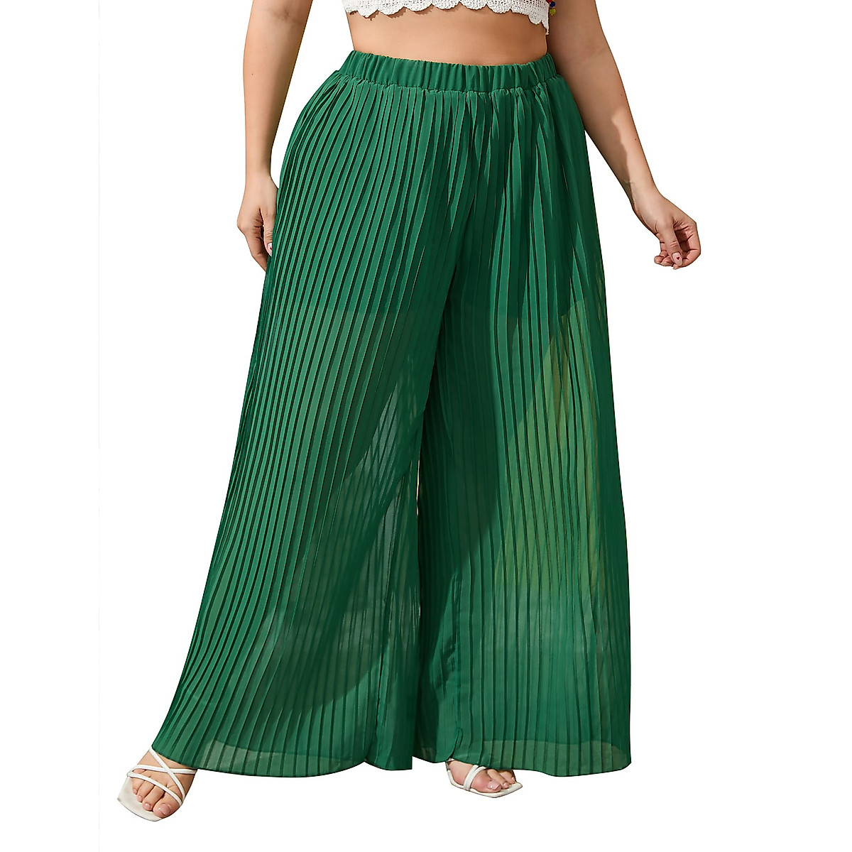 KOJOOIN Women Plus Size Pleated Wide Leg Palazzo Pants Elastic High Waist Loose Fit Chiffon Summer Casual Pants Green 2XL