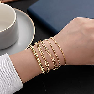 KesaPlan Gold Bracelets Set for Women Adjustable 14K Gold Plated Dainty Beaded Paperclip Link Bracelet Set for Teen Girls