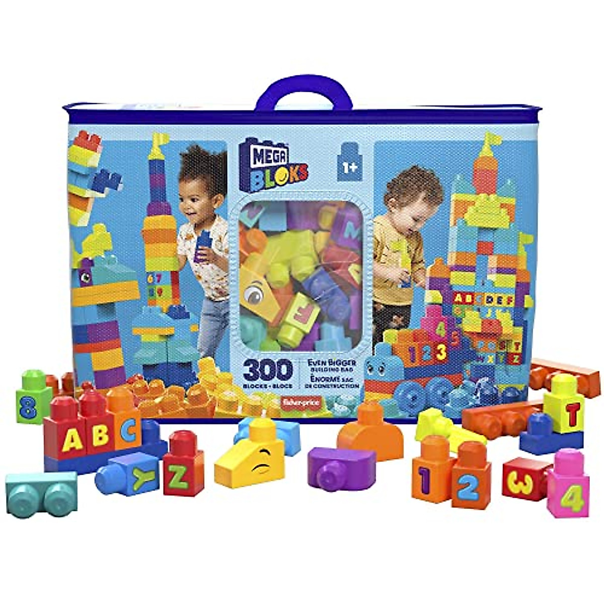 Mega BLOKS First Builders Toddler Blocks Toys Set, Even Bigger Building Bag with 300 Pieces and Storage, Blue, Ages 1+ Years