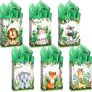 Pajean 36 Safari Bags and Tissue Set Include Jungle Party Favor Safari Goodie Bags Woodland Animal Print Gift Bags Wild One Treat Bags for Themed Birthday Baby Shower Party Supplies