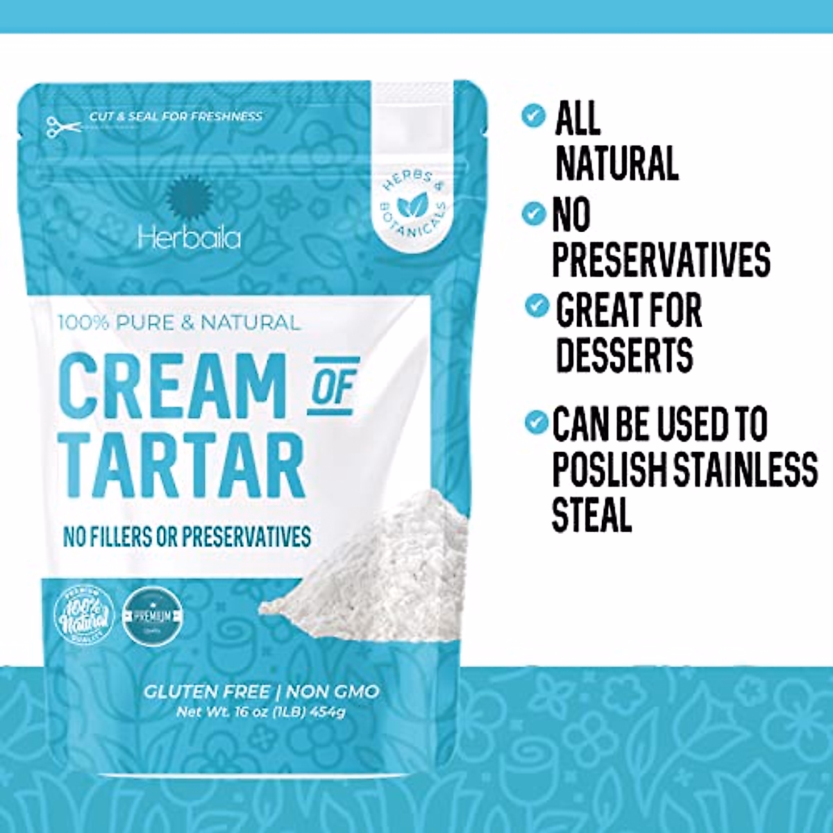 Cream of Tartar for Baking 1lb, Gluten Free, Premium All Natural Food-grade Cream of tartar bulk, natural choice tartar powder - great for meringues, bath bombs, cream of tarter 1 lb - Made in the USA