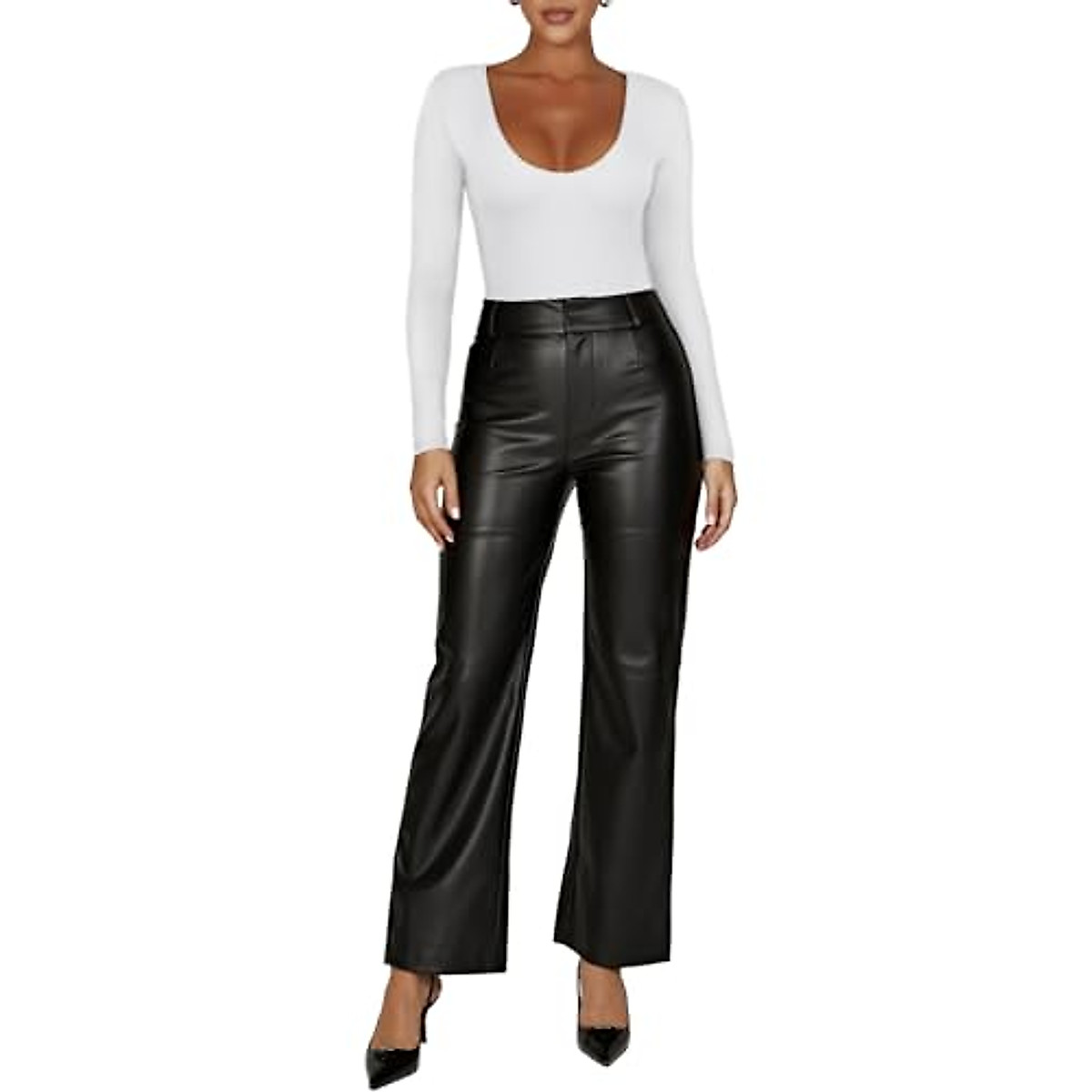 REORIA Women's Fall Fashion Sexy Scoop Neck Long Sleeve Double Lined Basic Leotards Tops Night Out Bodysuits White Plus Size XX-Large