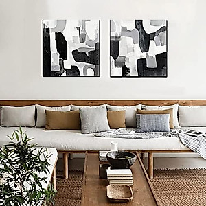 Pigort Black and White Abstract Hand-Painted Wall Art Decor - 2 Piece Set, Grey Decorative Framed Black & White Abstract Canvas Art for Living Room, Bedroom, Office Home Decor & Gift 24x24Inch
