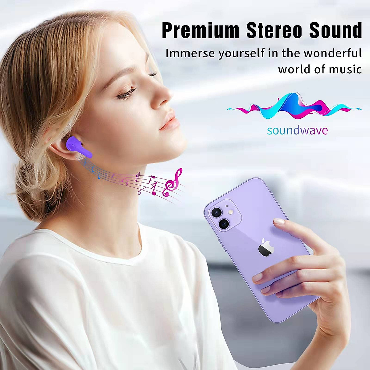 Wireless Earbuds,Bluetooth Earphones Stereo Earphone Bluetooth in-Ear Earphones with Built-in Mic for Smart Phones (Purple)