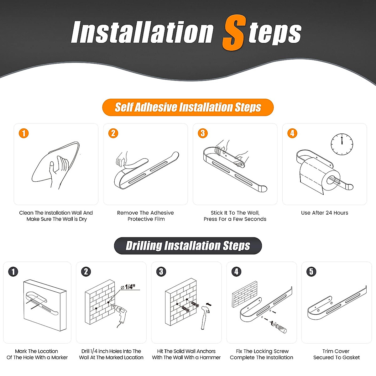 Paper Towel Holder, Hurran Adhesive Paper Towel Holder Sliver Under Cabinet, Countertop, Self-Adhesive Hanging or Drilling Wall Mounted Paper Towels Rolls Holder for Bathroom Kitchen